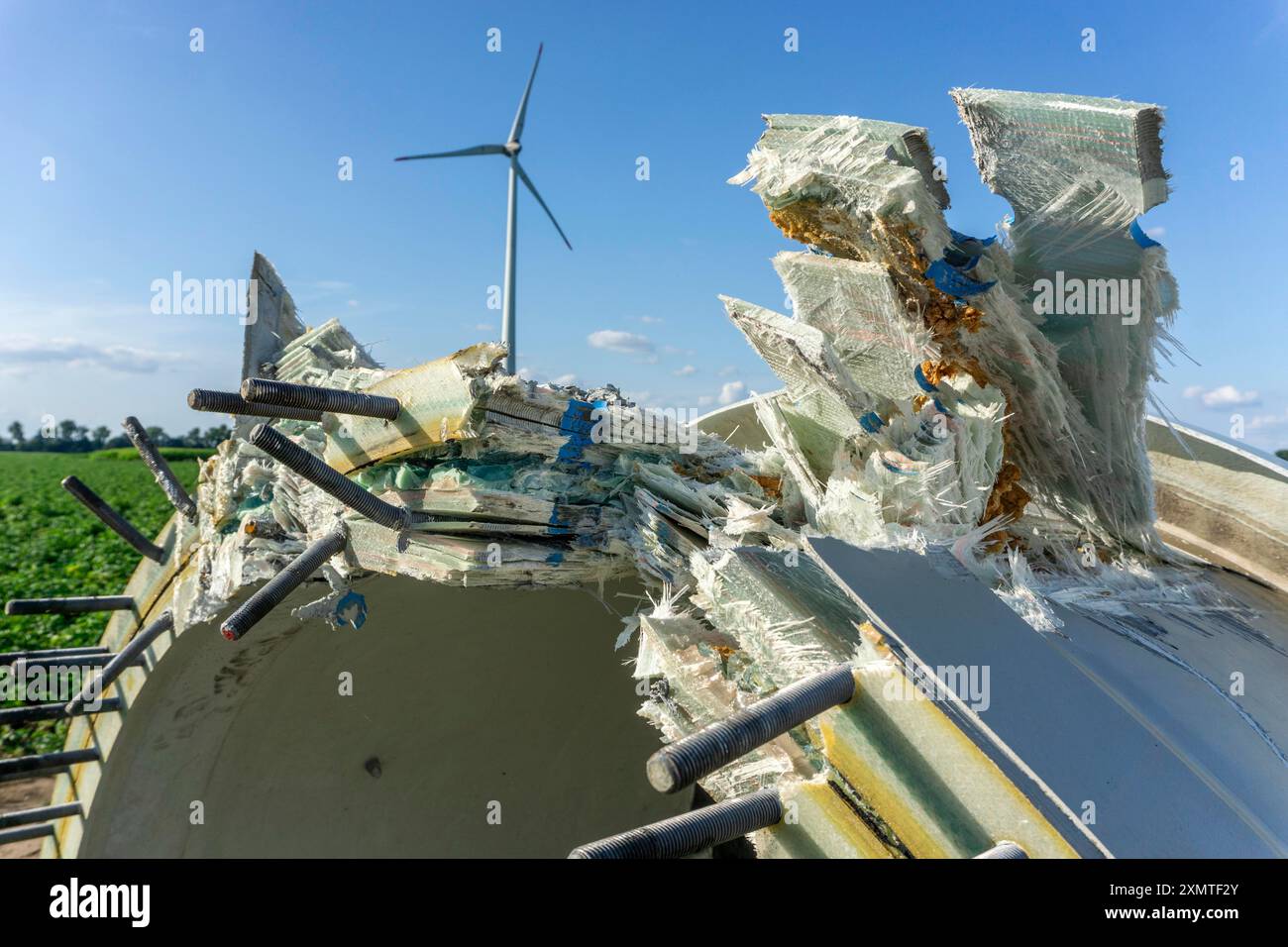 Close-up of a dismantled blade of a 23-year-old wind turbine, it ...