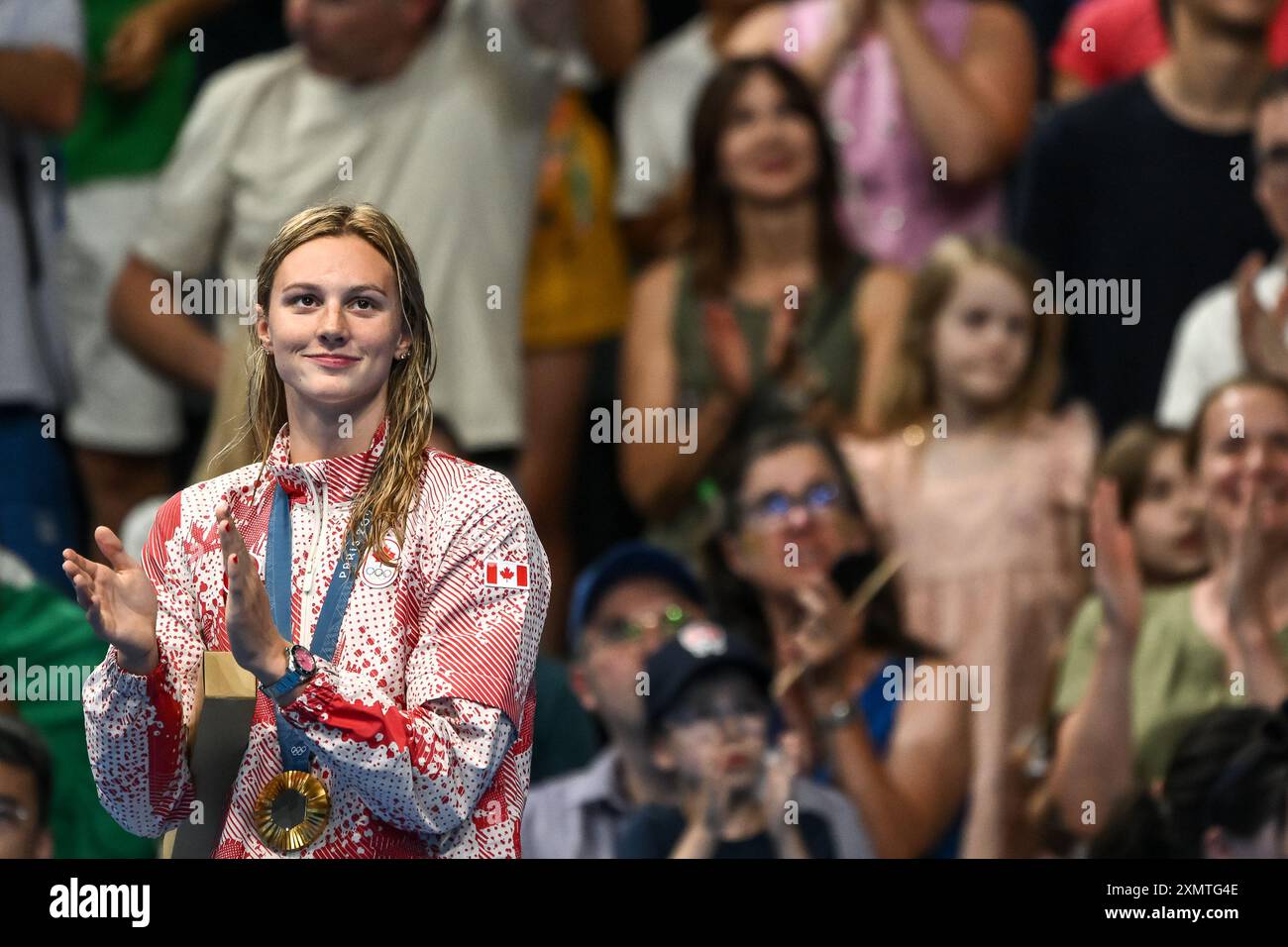 Paris, France. 29th July, 2024. Summer Mcintosh of Canada stands with ...