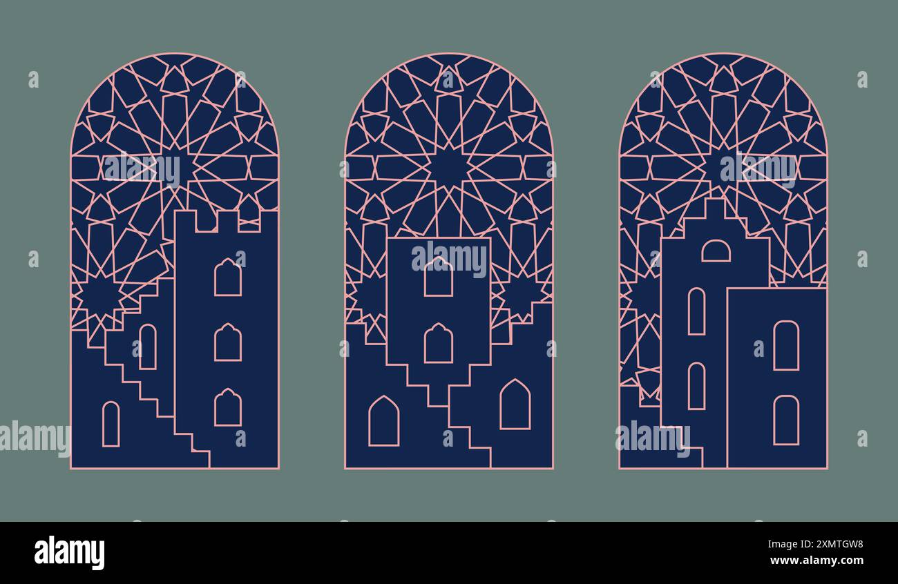 Arabic night city panorama, landscape, house, stairs. Moroccan lace ...