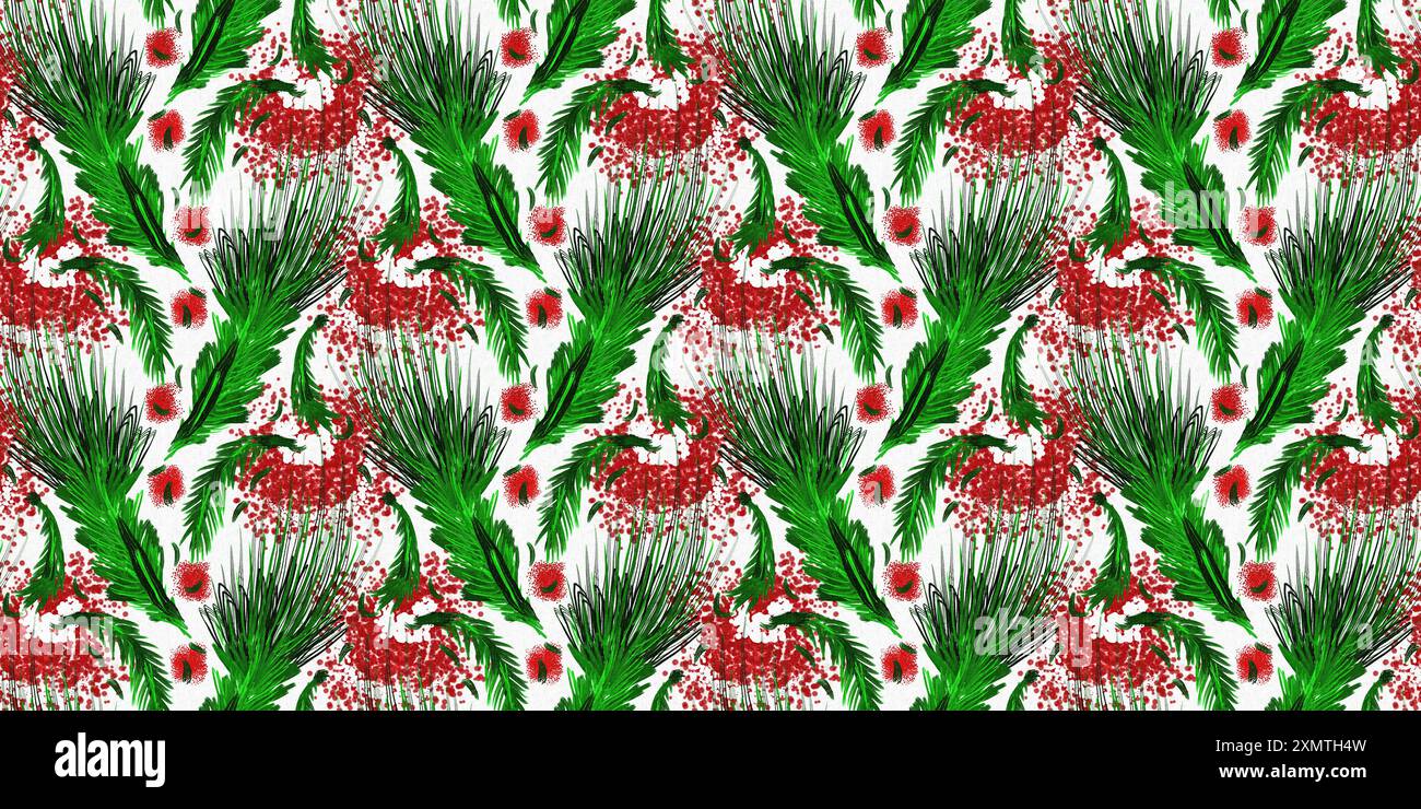 Modern christmas foliage fir branch border in traditional red green ...