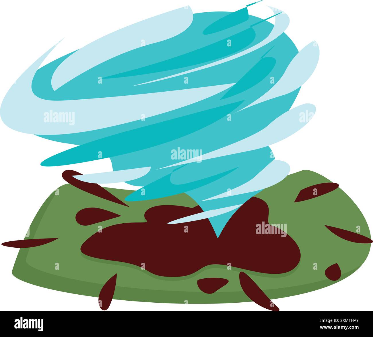 Cartoon style illustration of a blue tornado touching down on a green ...