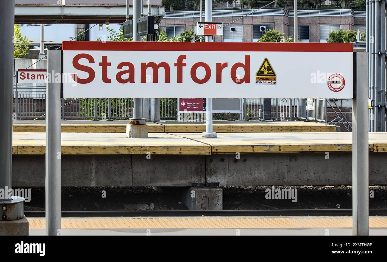 Stamford, CT - June 23, 2024: Stramford train station sign on platform ...