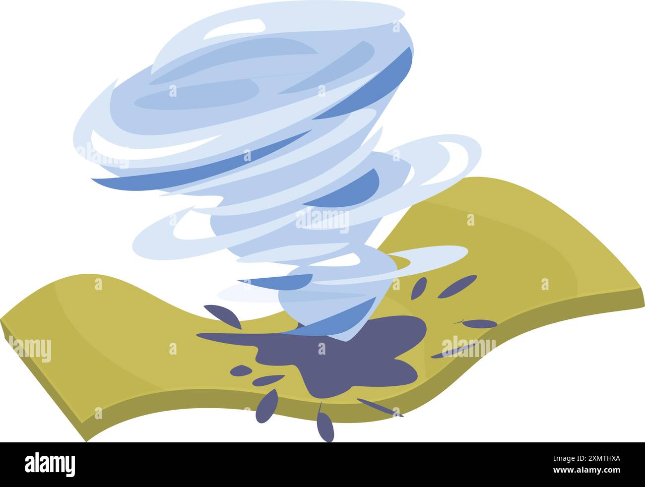 Cartoon blue tornado rotating over yellow ground leaving a dark spot ...