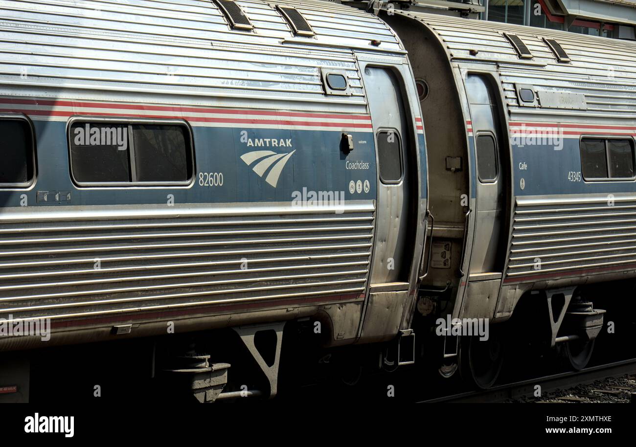 Stamford, CT - June 23, 2024: Amtrak train detail on railroad tracks in ...
