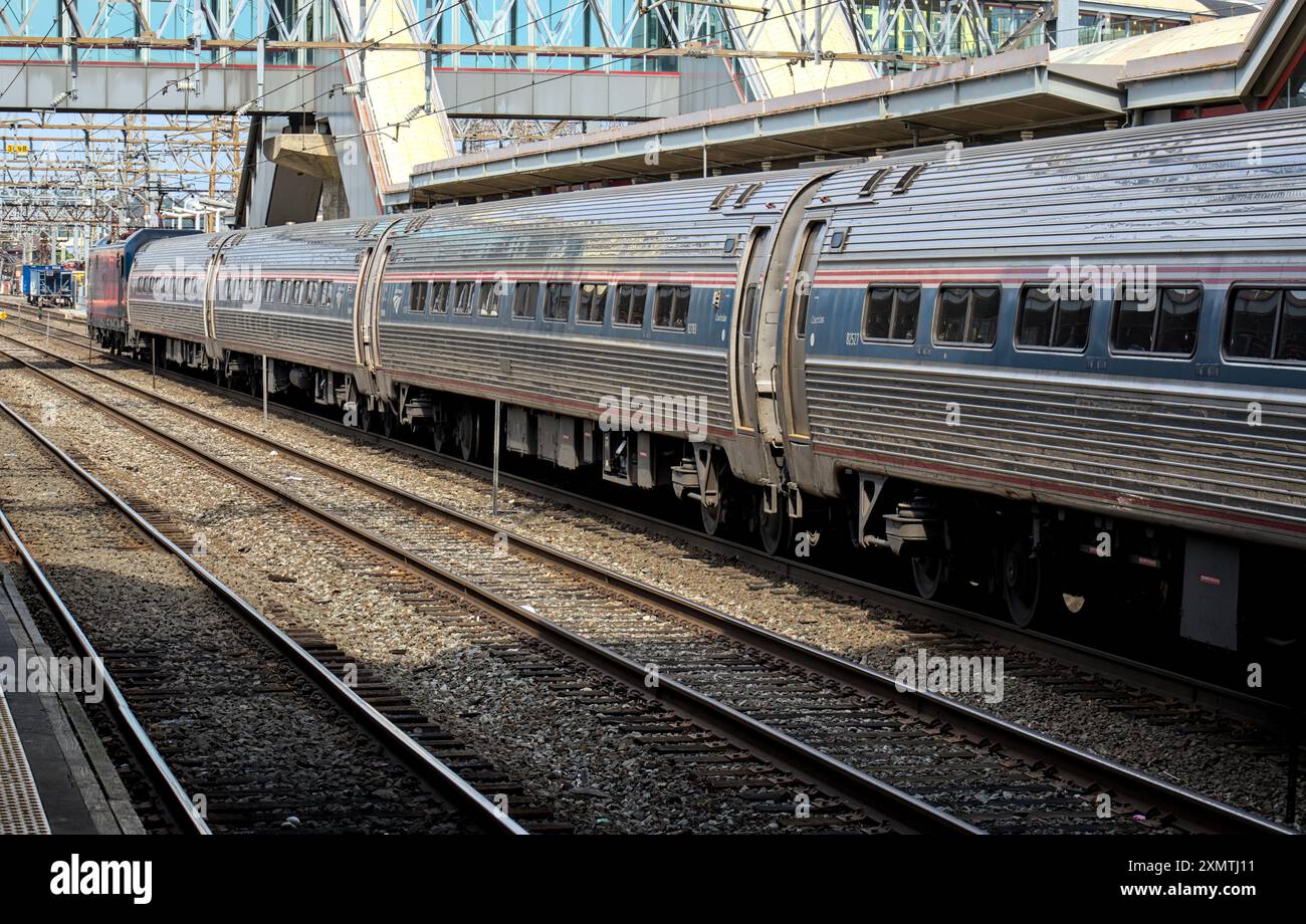 Stamford, CT - June 23, 2024: Amtrak train detail on railroad tracks in ...