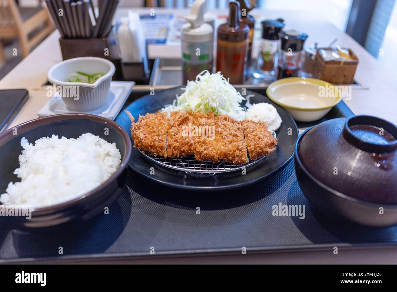 Japanese Breakfast. Fried Chicken with Salad, Rice and Sause. Miso Soup ...