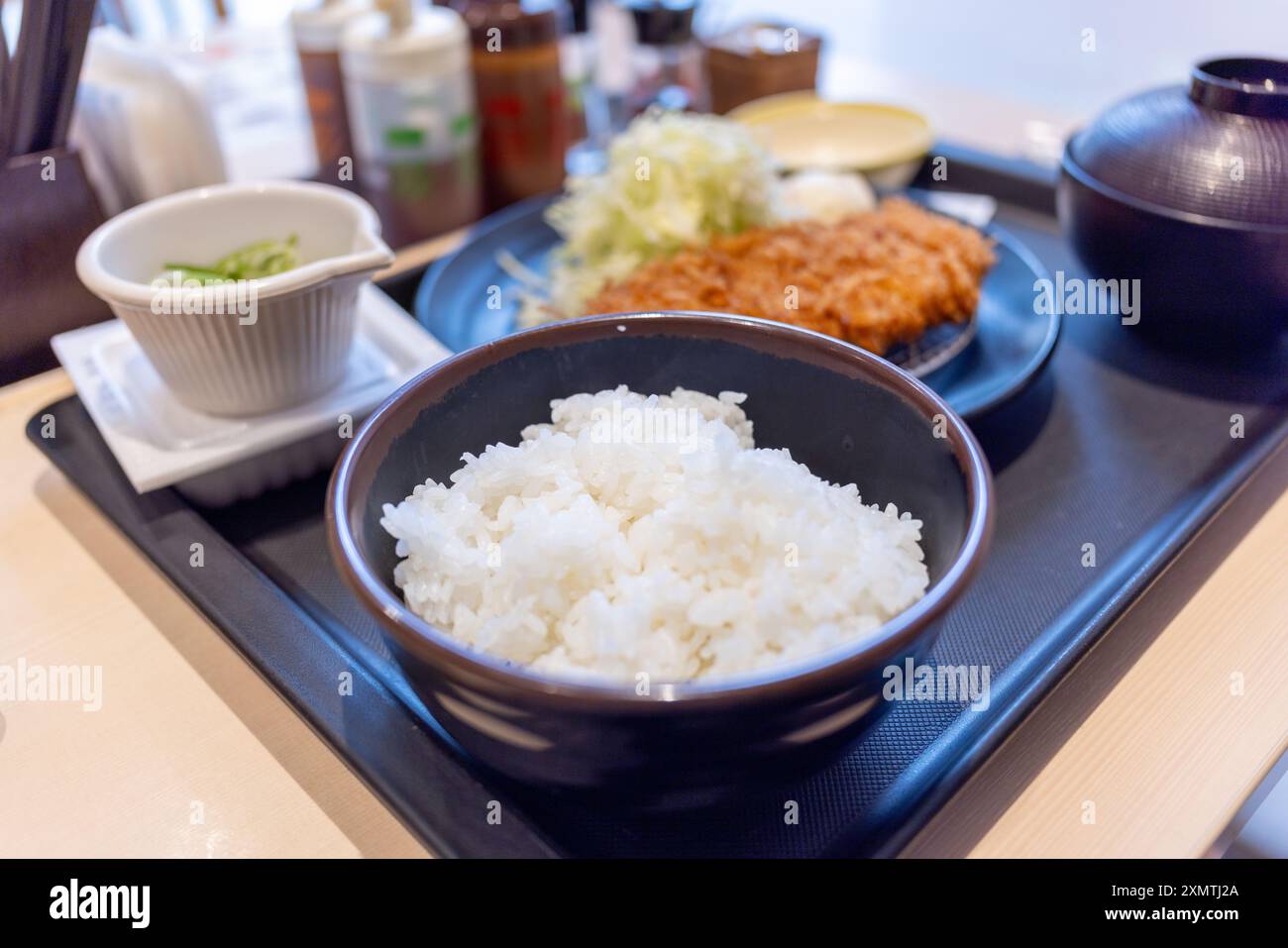 Japanese Breakfast. Fried Chicken with Salad, Rice and Sause. Miso Soup ...