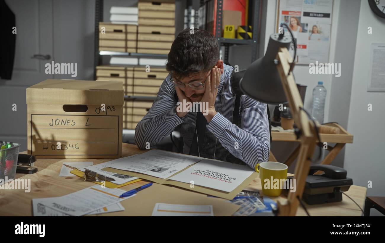 Stressed man examining documents at cluttered police station desk ...