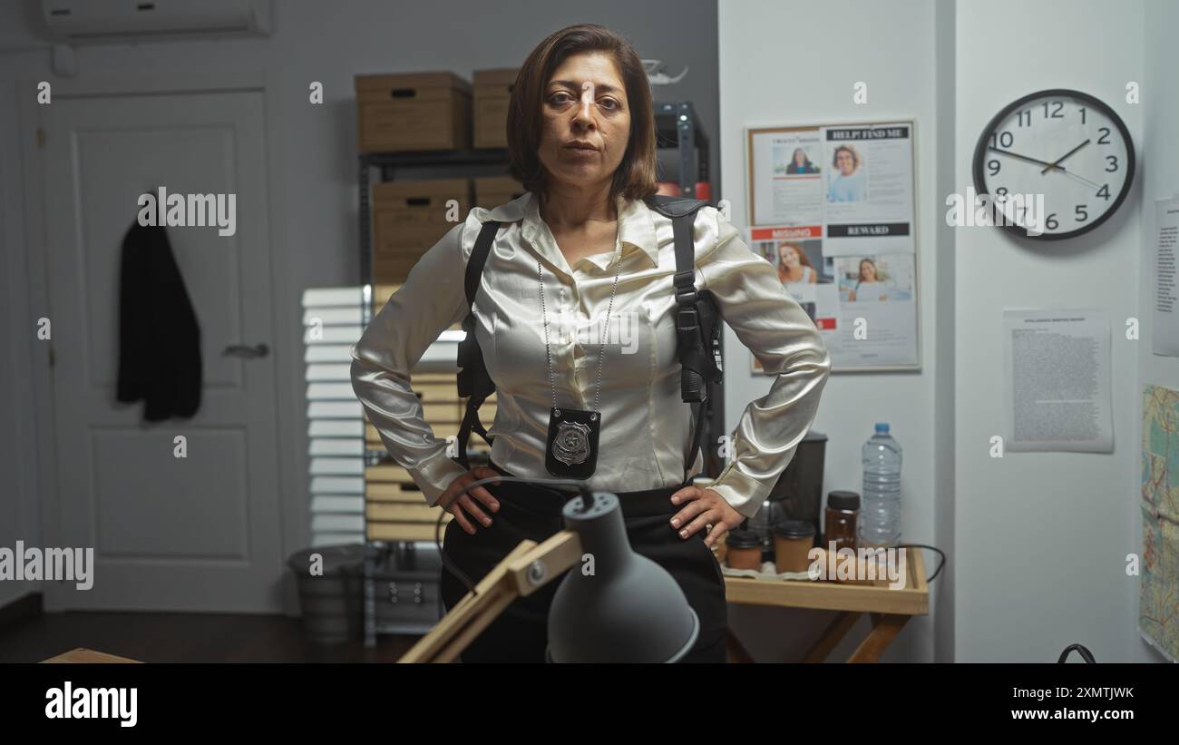 A confident middle-aged latina detective stands in an office, with ...