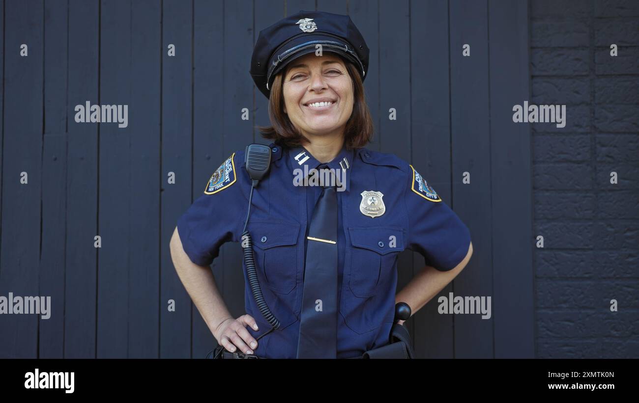 A confident middle-aged hispanic policewoman poses against a dark urban ...