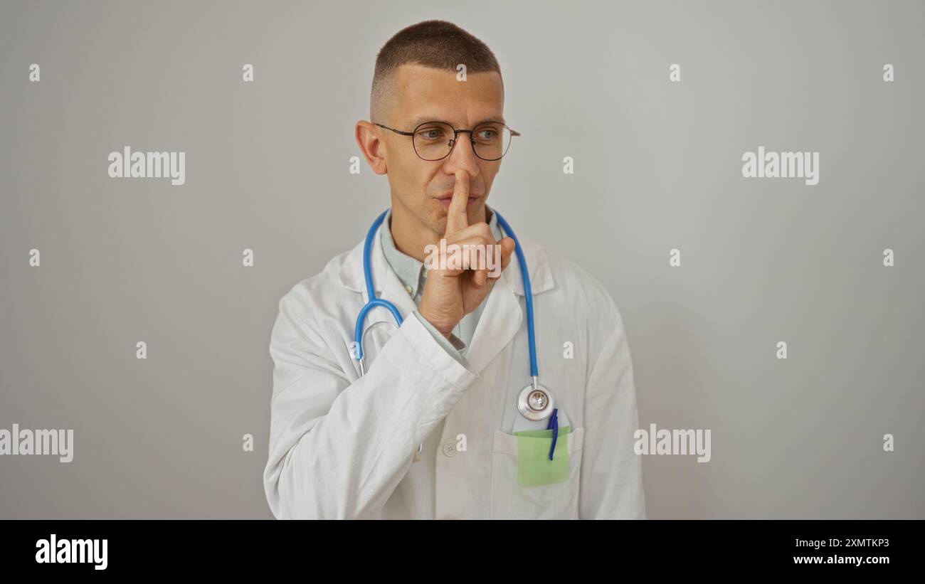 Male doctor with glasses and stethoscope making a shushing gesture over ...