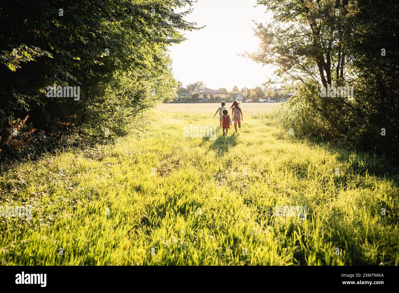 rear view of three children running towards open field Stock Photo - Alamy