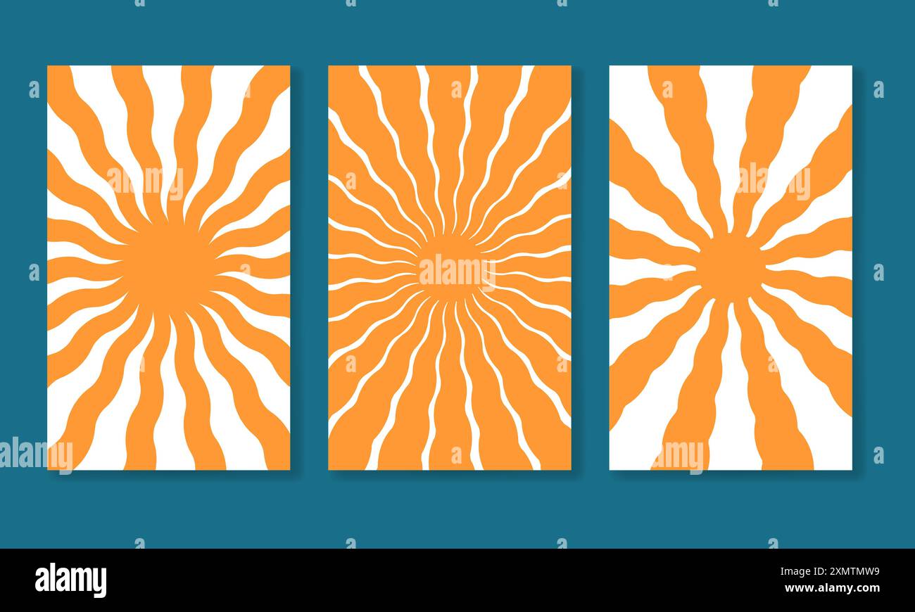 Vertical posters with groovy sun backgrounds. Orange wavy rays of ...