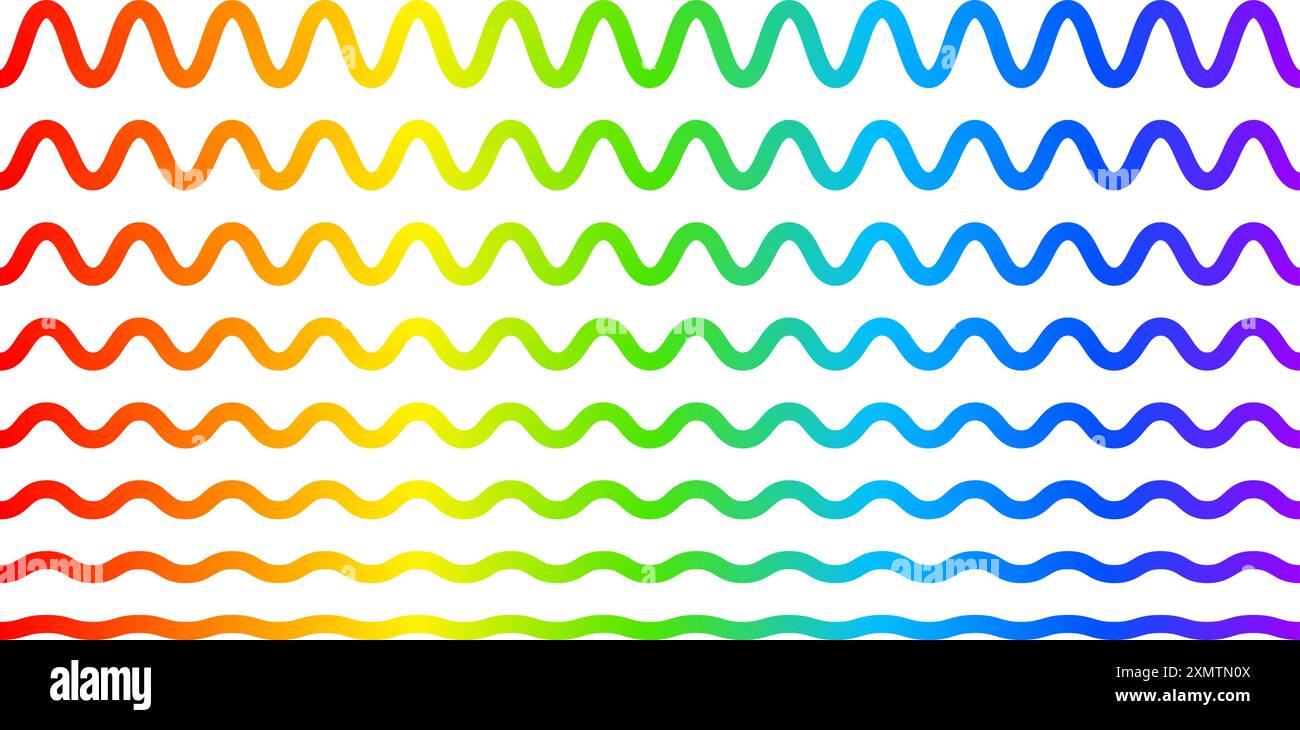 Set of wavy lines with rainbow print. Visible light spectrum curves ...