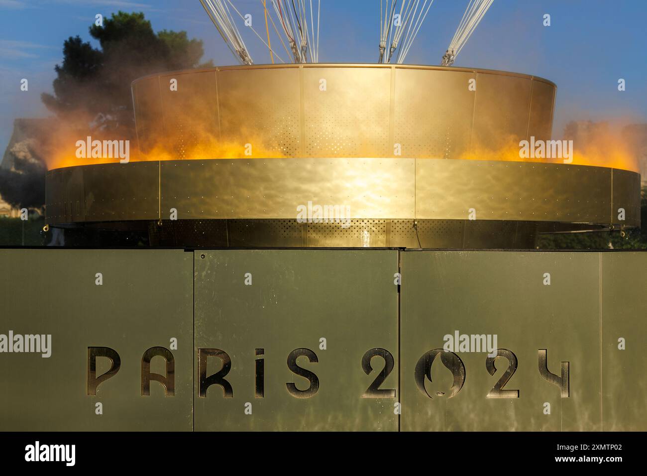 Paris, France. 29th July, 2024. The Olympic flame cauldron, created by ...