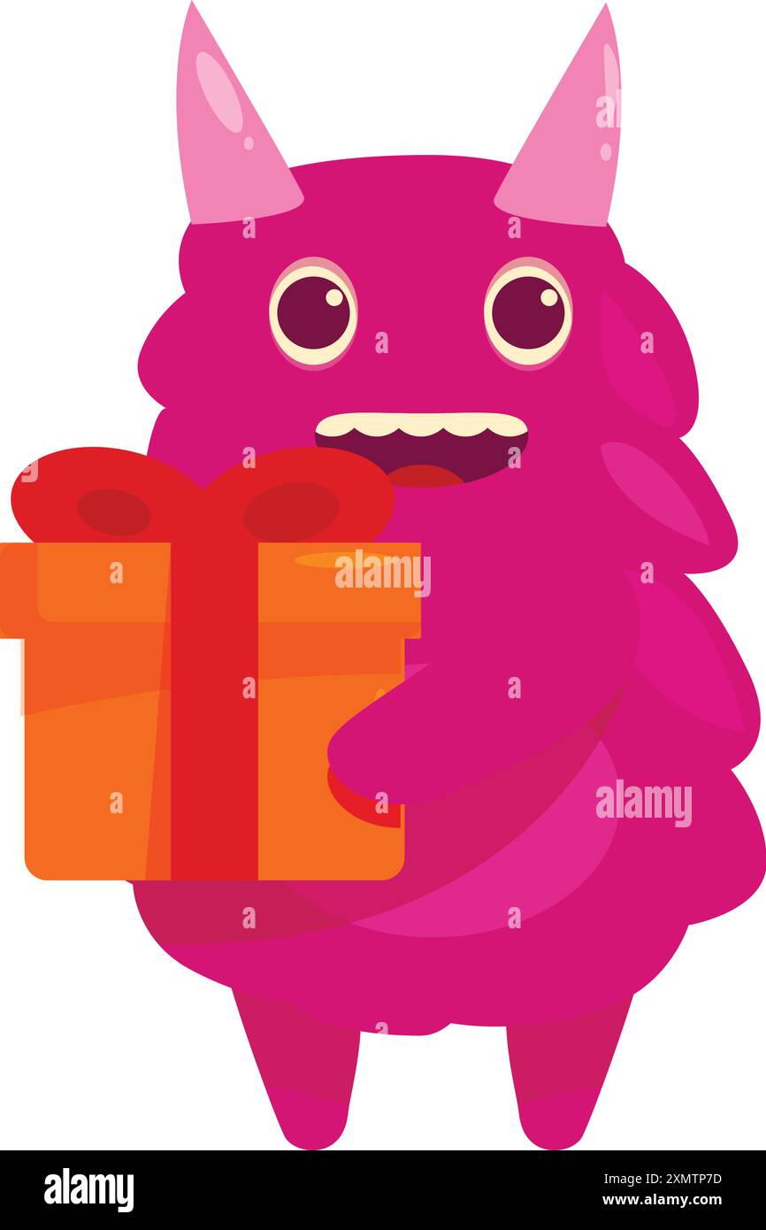 Cute pink cartoon monster holding an orange gift box with a red ribbon ...