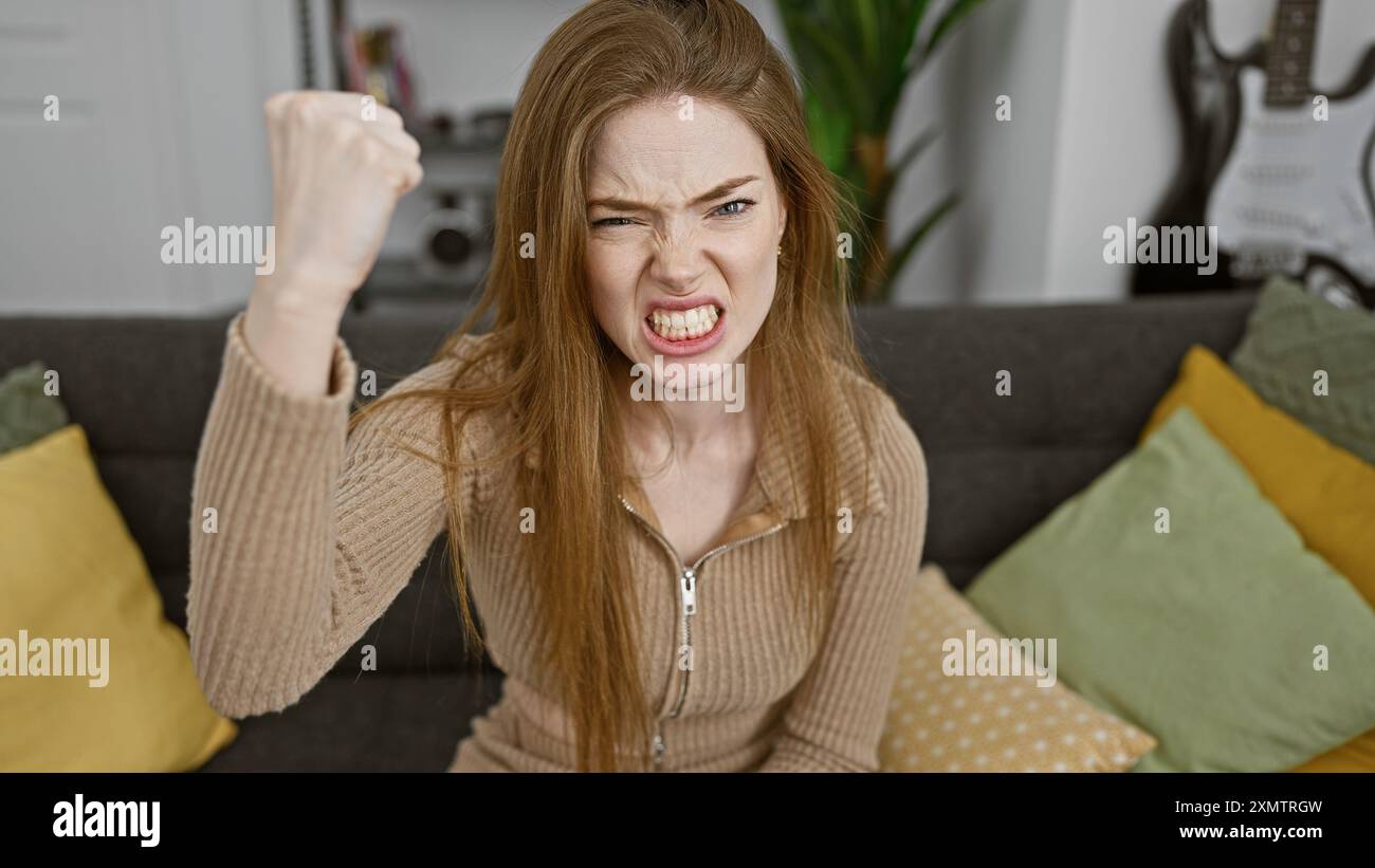 Blonde woman showing frustration in a cozy living room while looking ...