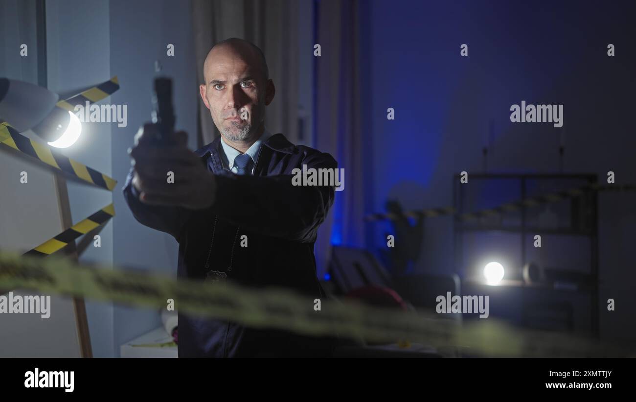 Bald detective man pointing gun at crime scene indoors with intense ...