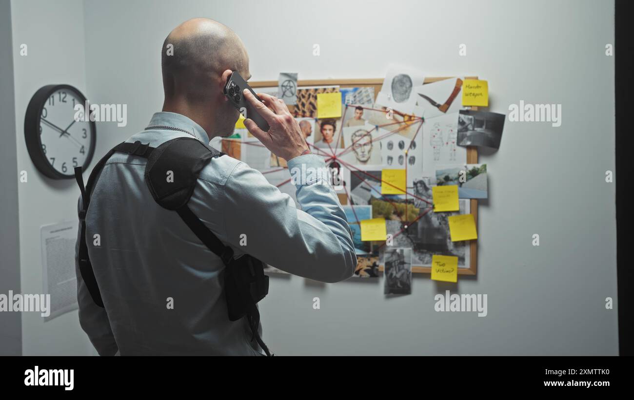 Bald detective man talks on phone studying evidence board with clues ...
