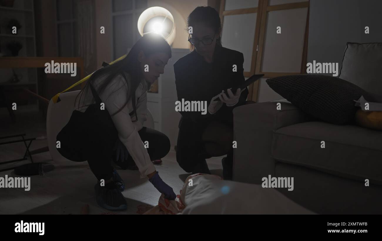 Two women investigators analyze a crime scene indoors with evidence ...