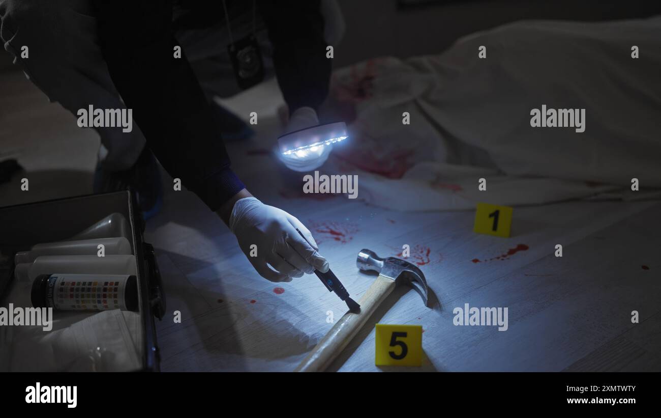 Detective analyzes crime scene with flashlight, blood, hammer, evidence markers, and gloves in ...