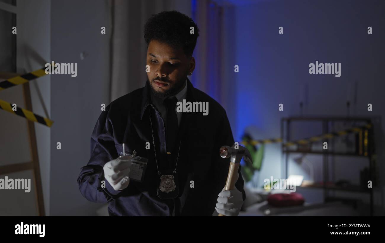 African american detective analyzes crime scene indoors holding badge ...