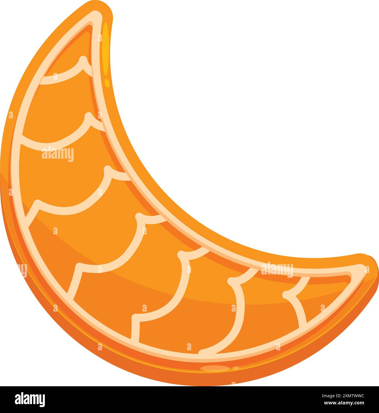 Glossy cartoon tangerine slice icon, resembling crescent moon, isolated ...