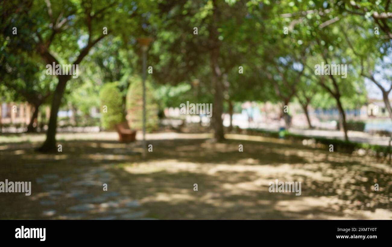 Outdoor park scene with blurred green trees, defocused pathway, and ...