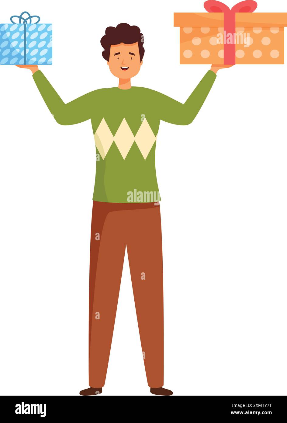 Happy man is holding two gifts up in the air hi-res stock photography ...