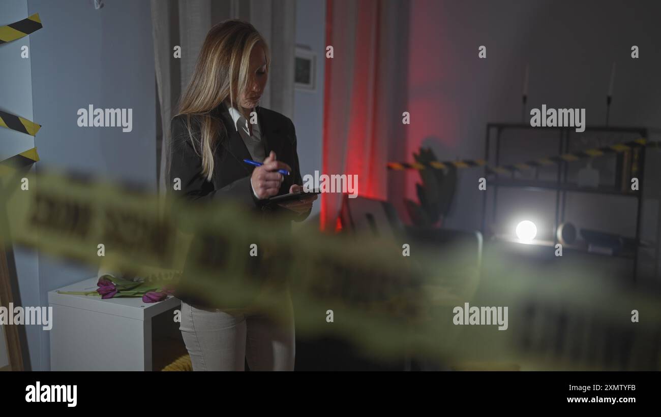 A blonde woman takes notes at a night-time indoor crime scene ...