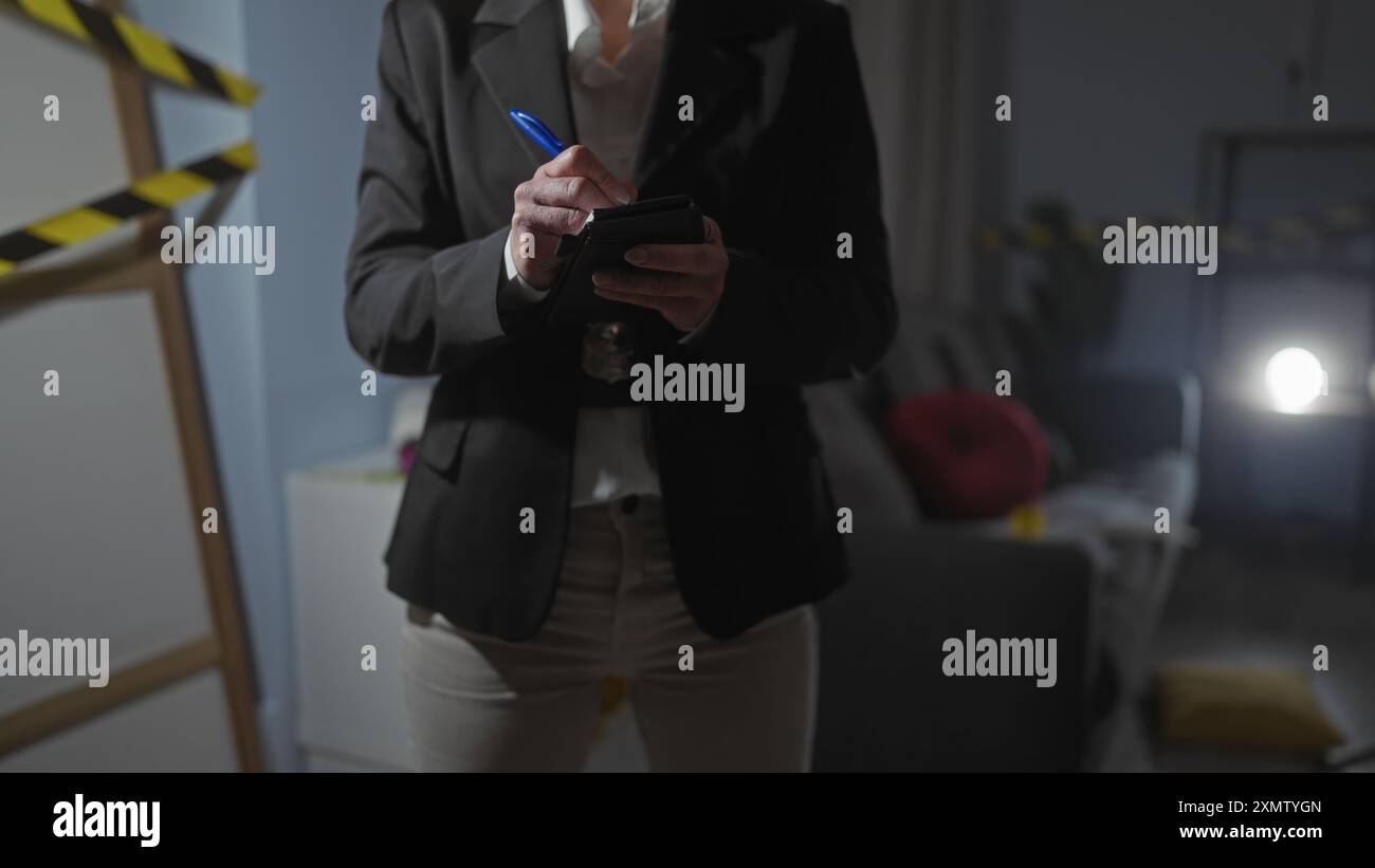 Detective woman writing notes at crime scene indoors with caution tape ...