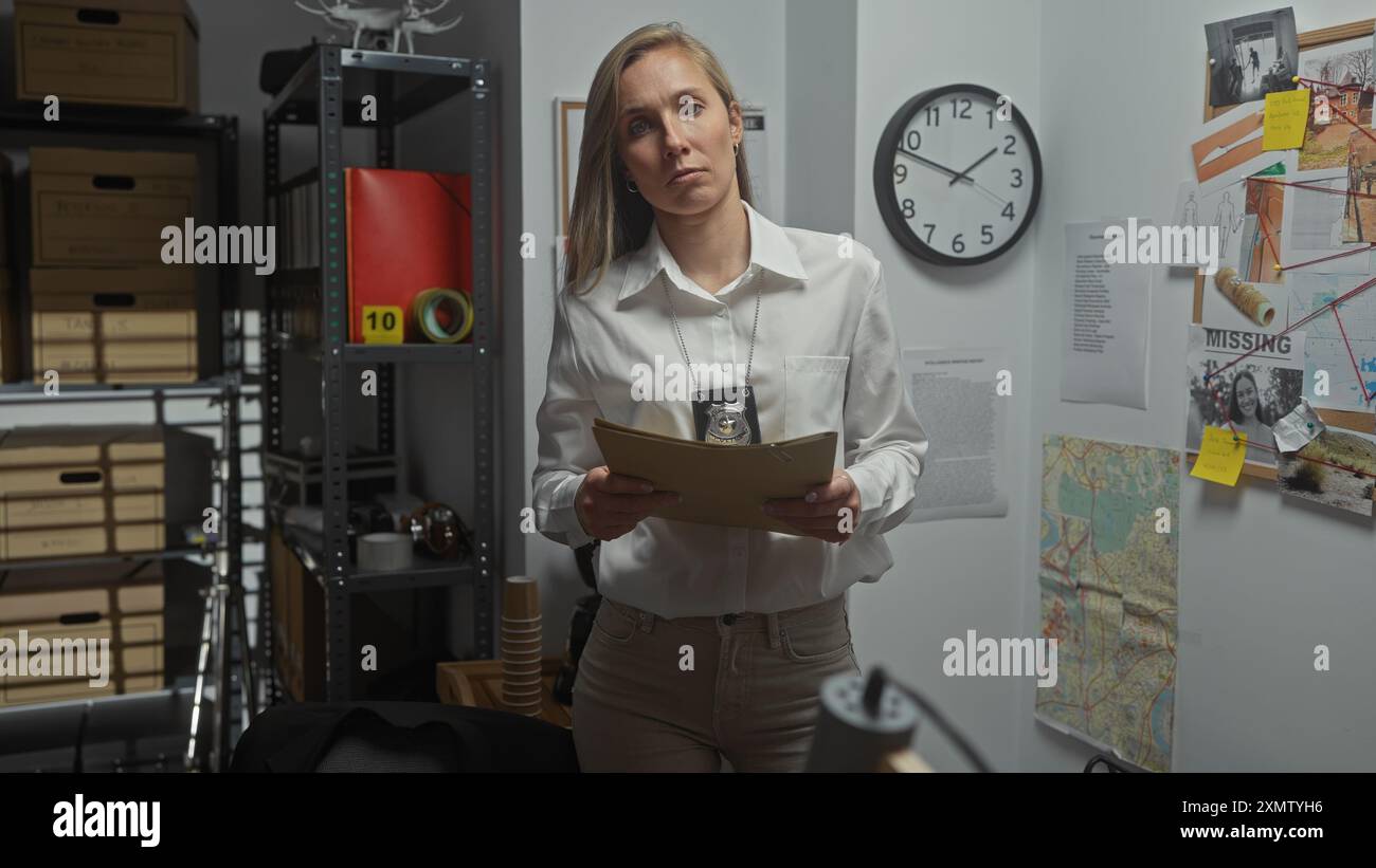 A serious young woman detective stands in a cluttered police station ...