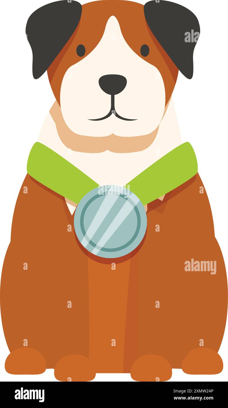 Cartoon dog wearing a medal on a green ribbon, celebrating a victory ...