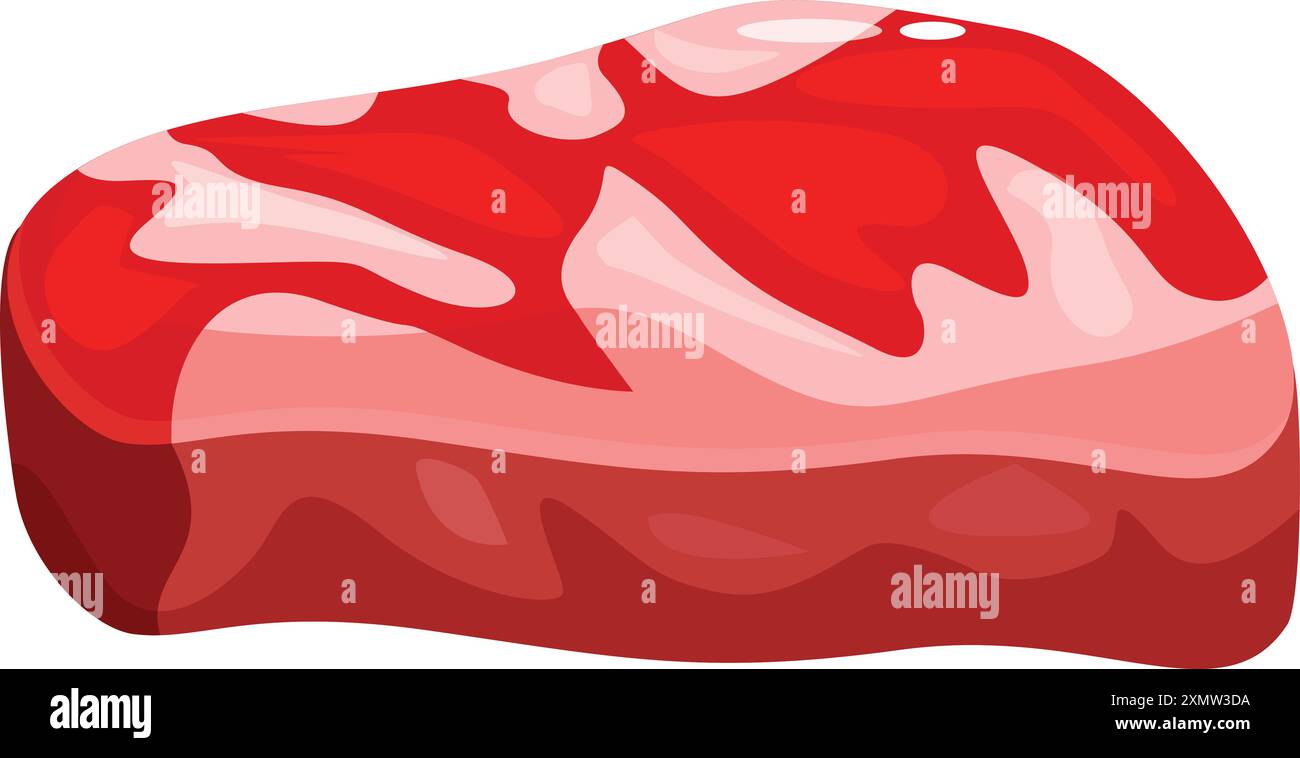 Cartoon icon of big red piece of raw meat with fat layers is lying on ...