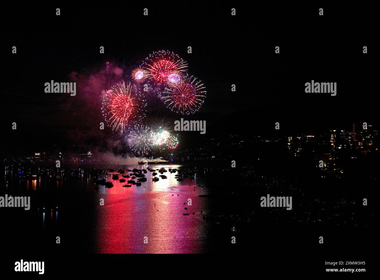Summer Fireworks over English Bay Vancouver. Summer fireworks display ...
