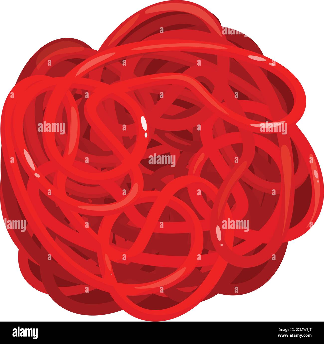 Tangled mess of red cables forming a chaotic sphere, symbolizing ...