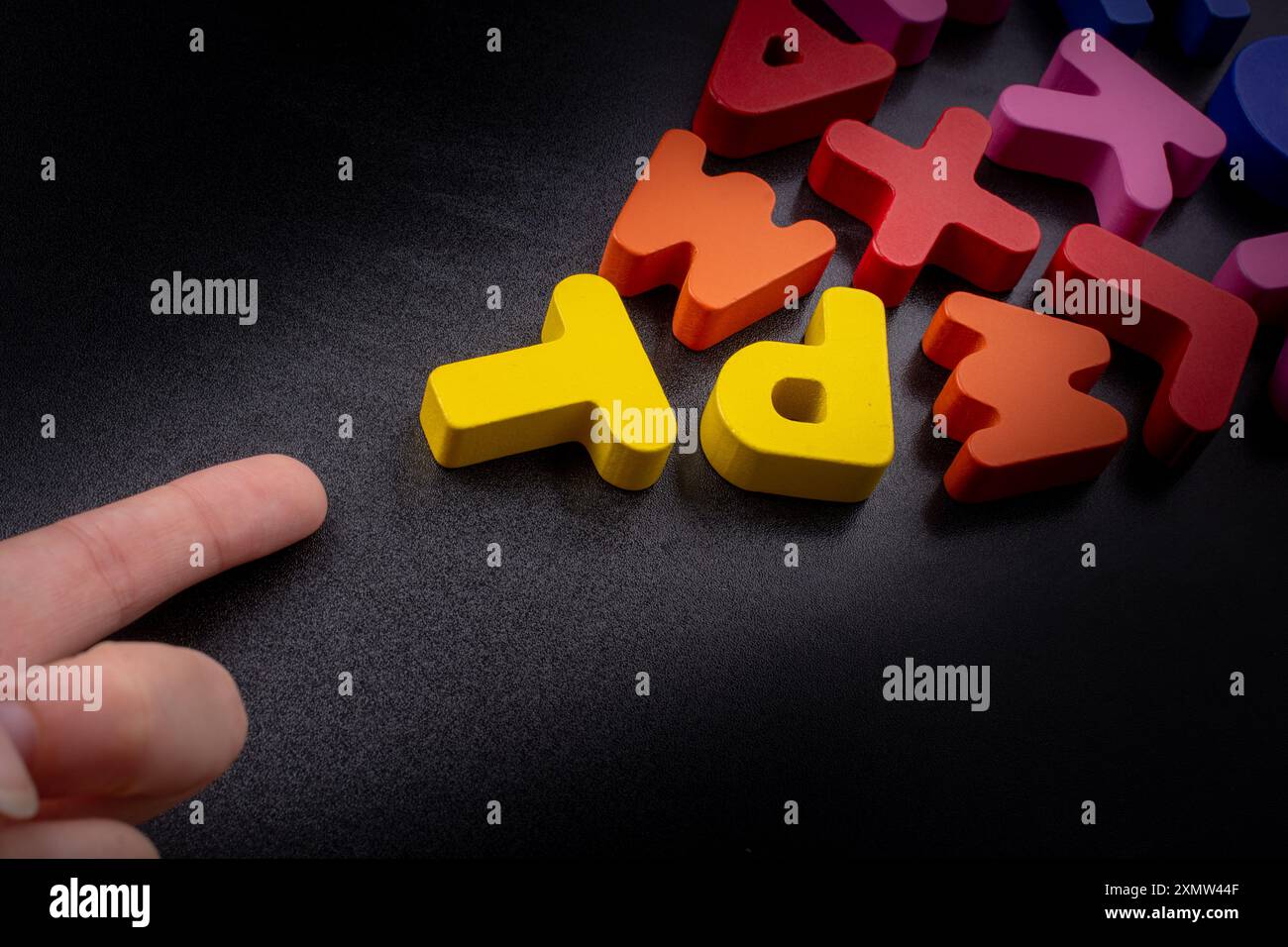 Fingers and Colorful Letters of Alphabet made of wood Stock Photo - Alamy