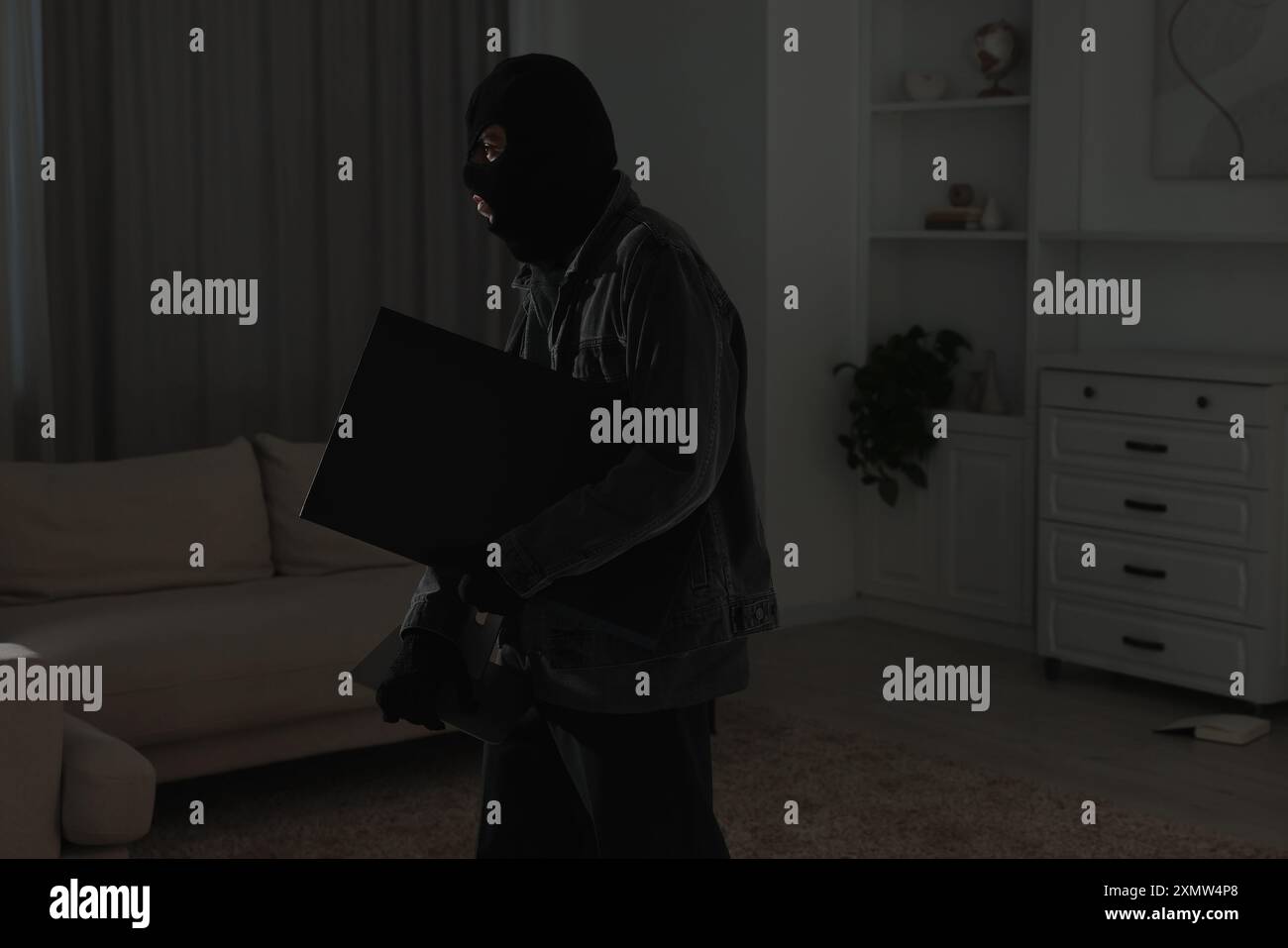Thief stealing computer monitor at foreign house. Burglary Stock Photo ...