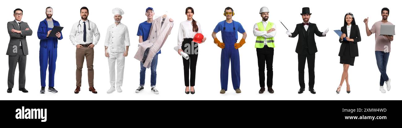 People of different professions. Collage with portraits on white ...