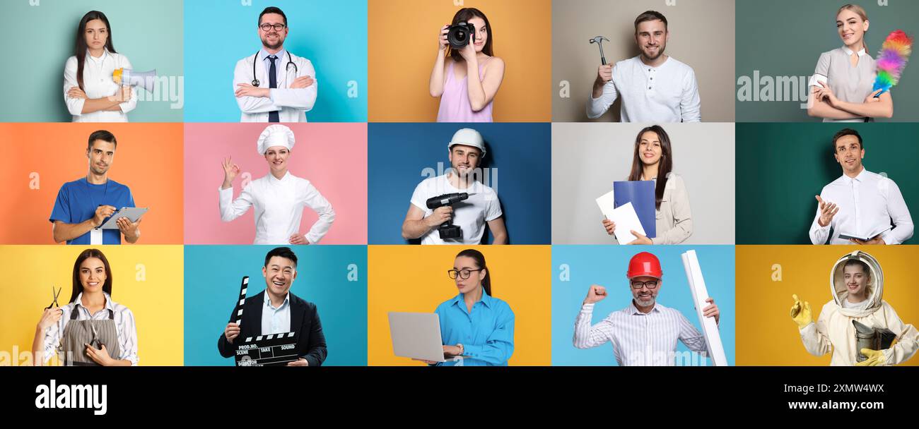 People of different professions. Collage with portraits on various ...