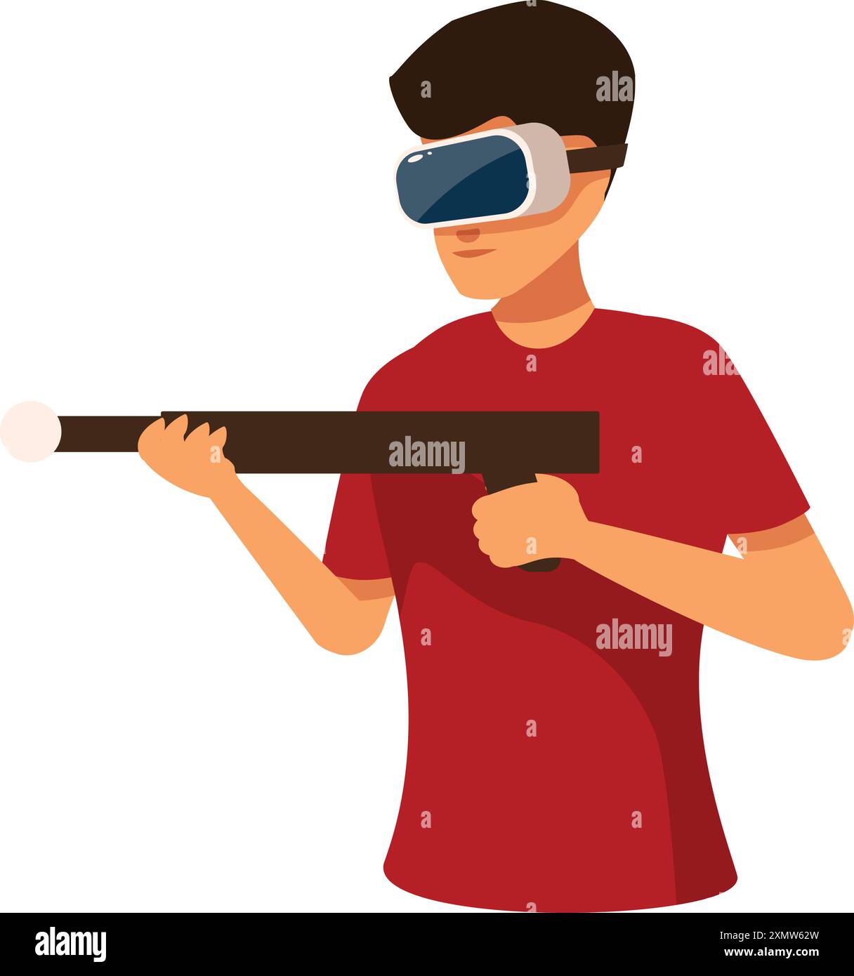 Gamer wearing virtual reality headset playing first person shooter game ...