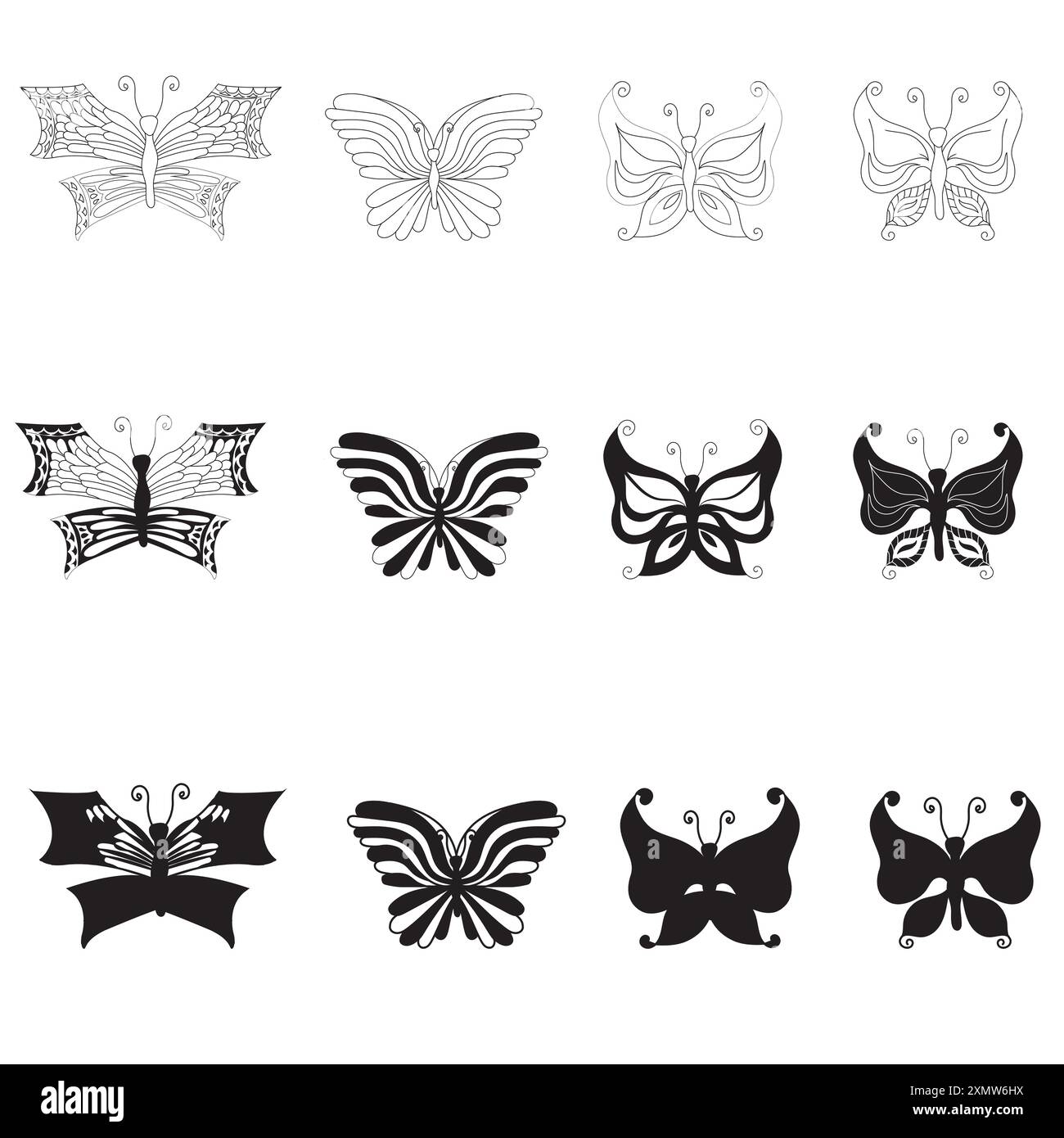Simple butterflies. Small set in two styles, doodle and silhouette ...