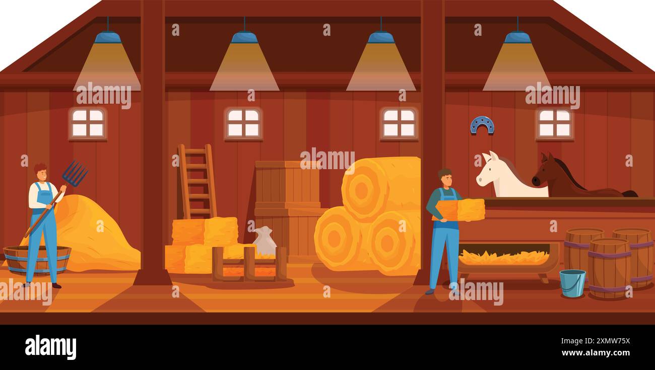Farmers working in barn, taking care of horses and carrying hay bales ...