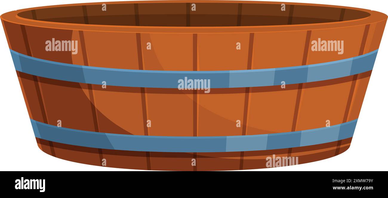 Empty wooden tub made of brown planks and reinforced with metal rings ...