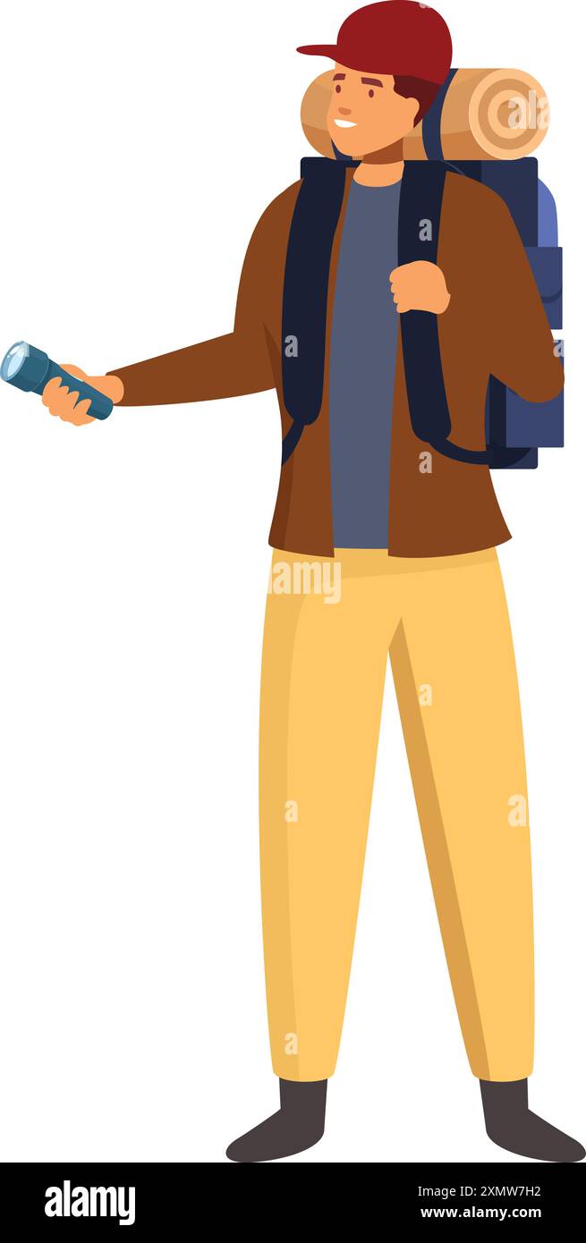 Male tourist carrying backpack and holding flashlight hi-res stock ...