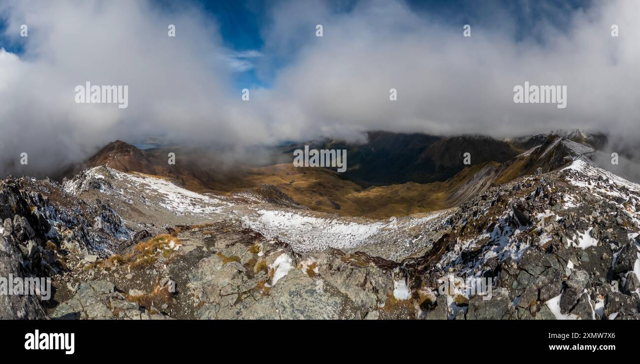 Kepler Track Panorama: Snow-Capped Mount Luxmore Landscape with Tussock ...
