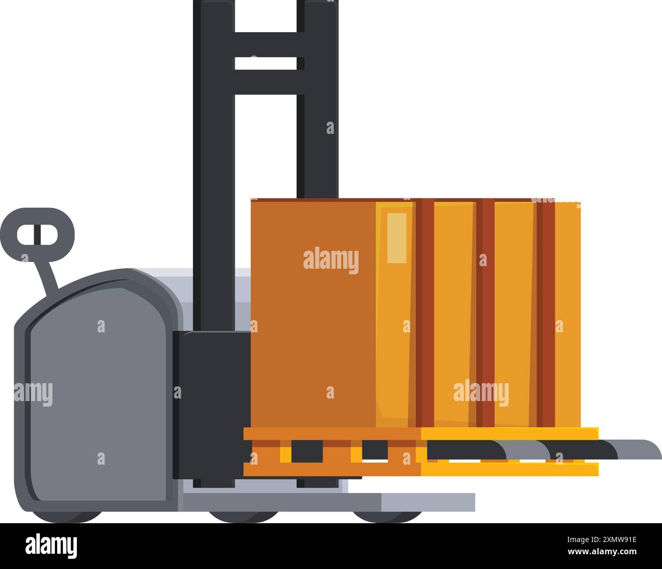 Forklift is carrying heavy cardboard boxes loaded on wooden pallet ...