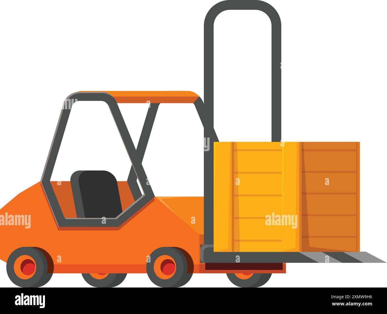 Cartoon style illustration of an orange forklift carrying a big wooden ...