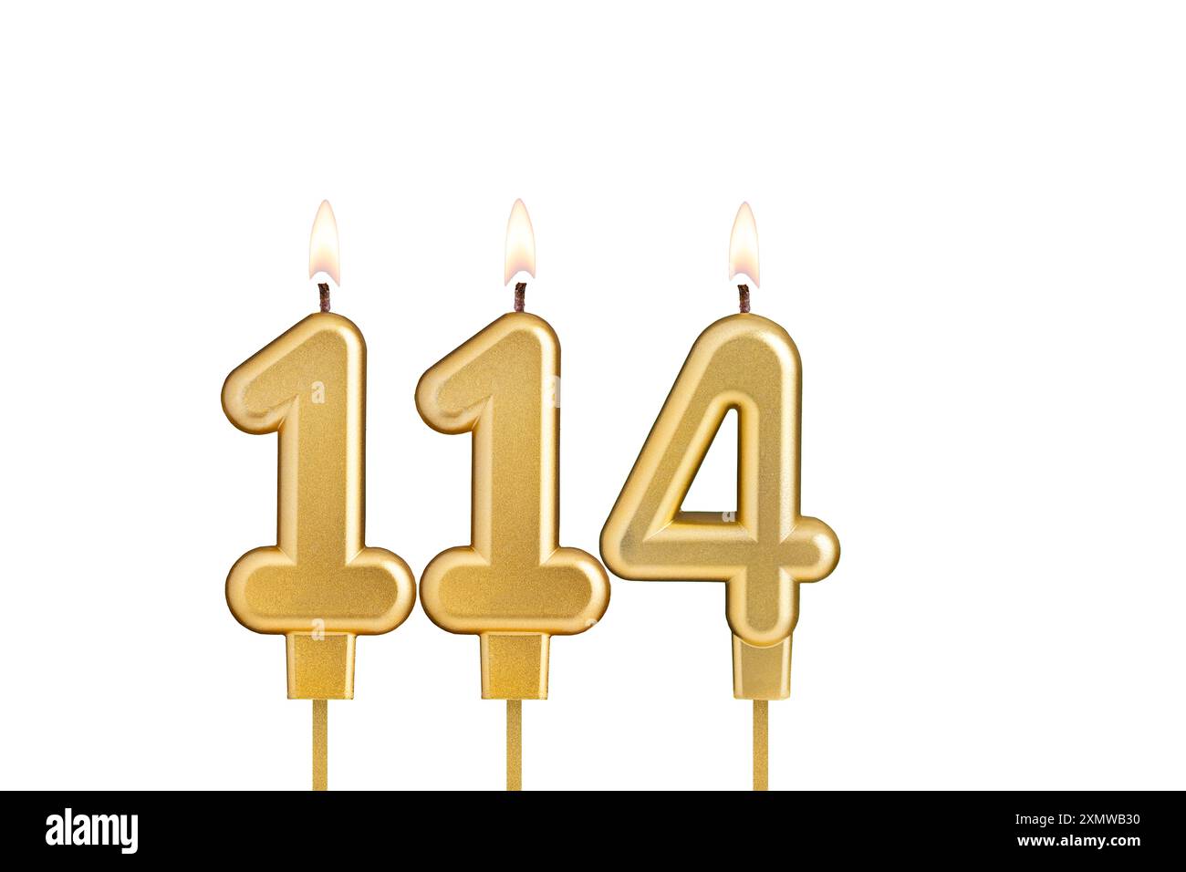 Golden number 114 birthday candle on white background Stock Photo - Alamy