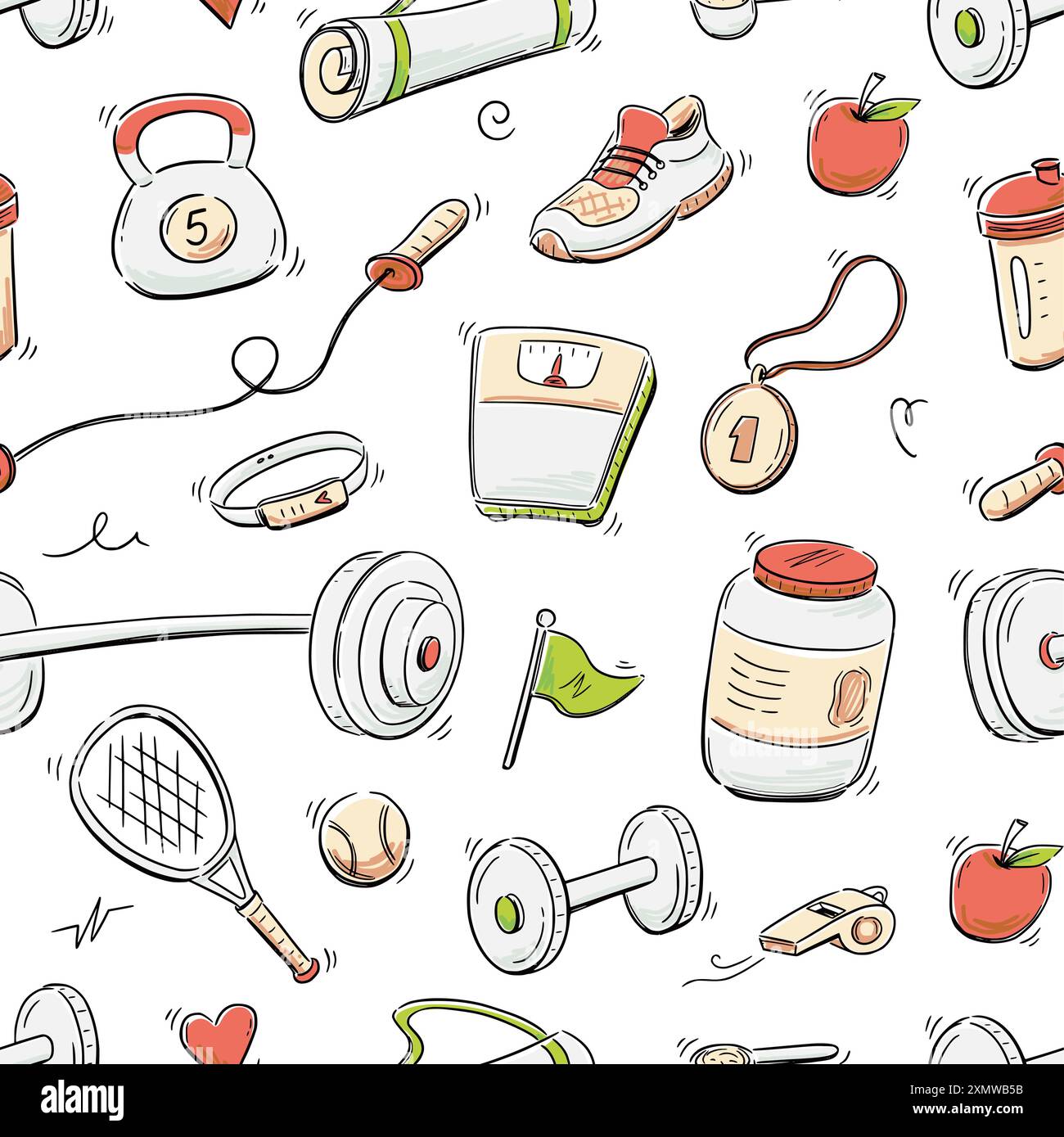 Doodle gym sketch health seamless pattern background. Hand drawn sketch ...